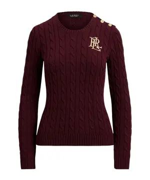 Ralph Lauren Burgundy Cable-knit Crewneck Sweater With Gold Monogram And Button Detail
