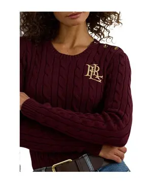 Ralph Lauren Burgundy Cable-knit Crewneck Sweater With Gold Monogram And Button Detail