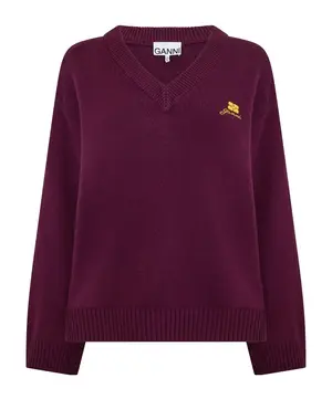 GANNI V-neck Knit Sweater With Embroidered Logo - Red