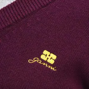 GANNI V-neck Knit Sweater With Embroidered Logo