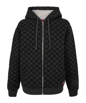 Gucci Full-zip Hooded Jacket With All-over Gg Monogram - Black