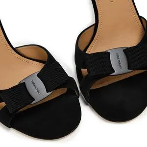 FERRAGAMO Black Suede Bow Detail Stiletto Sandals - Multicolor