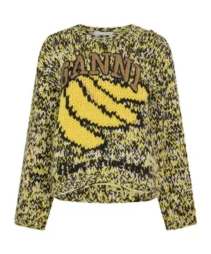 GANNI Marled Knit Crew Neck Sweater With Banana Appliqu - Green