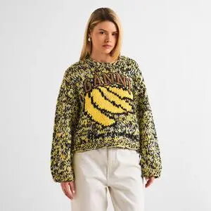GANNI Marled Knit Crew Neck Sweater With Banana Appliqu - Green
