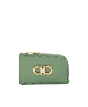 FERRAGAMO Leather Zipper Card Holder - Green