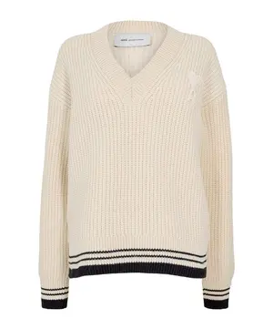 AMI Paris V-neck Knit Sweater With Ribbed Texture And Striped Cuffs