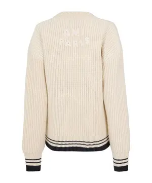 AMI Paris V-neck Knit Sweater With Ribbed Texture And Striped Cuffs