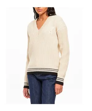 AMI Paris V-neck Knit Sweater With Ribbed Texture And Striped Cuffs