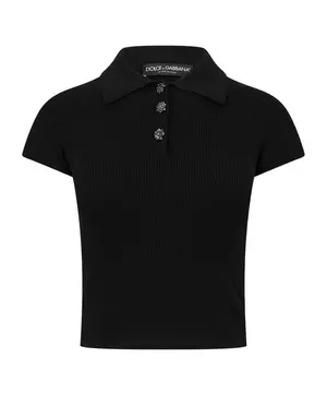 Dolce & Gabbana Ribbed Knit Cropped Polo Shirt With Crystal Buttons - Black