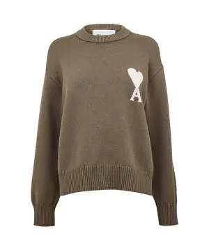 AMI Paris Crew Neck Jumper With Logo Detail - Brown