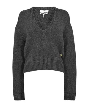 GANNI Ganni V-Neck Wool Yak Knit Sweater Black