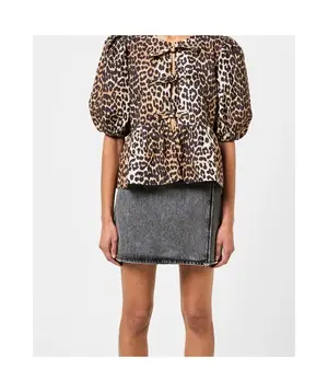 GANNI Cotton Poplin Peplum Tie Blouse Leopard Print - Black