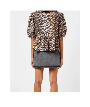 GANNI Cotton Poplin Peplum Tie Blouse Leopard Print - Black