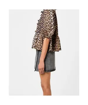 GANNI Cotton Poplin Peplum Tie Blouse Leopard Print - Black