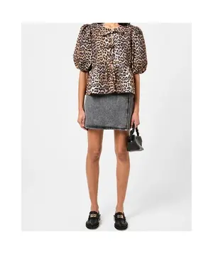 GANNI Cotton Poplin Peplum Tie Blouse Leopard Print - Black
