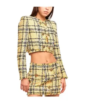 Balmain Cropped Check Tweed Jacket With Double-breasted Gold Buttons