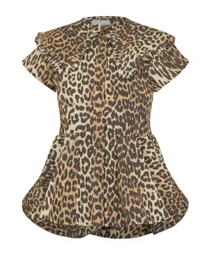 GANNI Leopard Print Short Sleeve Peplum Blouse