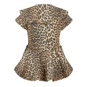 GANNI Leopard Print Short Sleeve Peplum Blouse