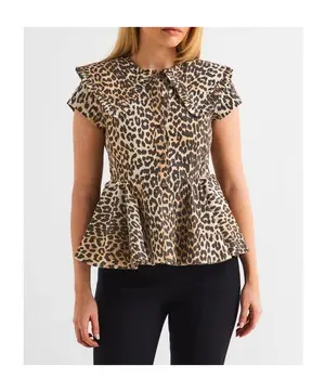 GANNI Leopard Print Short Sleeve Peplum Blouse