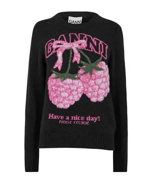GANNI Crew Neck Long Sleeve Jumper With Graphic Detail - Black