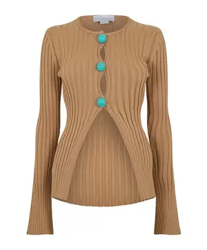 Stella McCartney Ribbed Knit Cardigan With Turquoise Button Detail - Brown