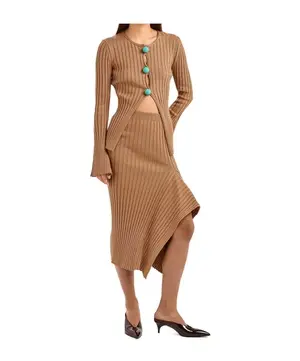 Stella McCartney Ribbed Knit Cardigan With Turquoise Button Detail - Brown