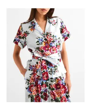 Dolce & Gabbana Floral Print Short-sleeve Shirt With Notched Collar And Tie Waist