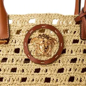 Versace Woven Raffia Tote Bag With Gold Tone Medusa Detail - Nude
