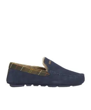 Barbour Checked Plaid Trim Suede Slippers - Black