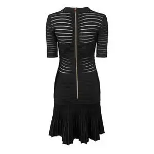 Balmain Ribbed Knit V-neck Dress With Pleated Skirt