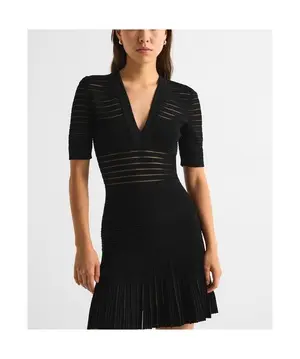 Balmain Ribbed Knit V-neck Dress With Pleated Skirt