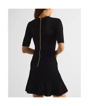 Balmain Ribbed Knit V-neck Dress With Pleated Skirt
