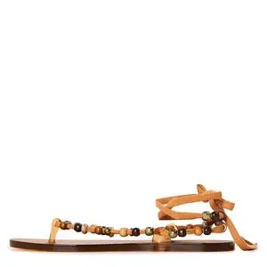 ANCIENT GREEK SANDALS Beaded Flat Sandals With Tie Fastening - Caramel Color