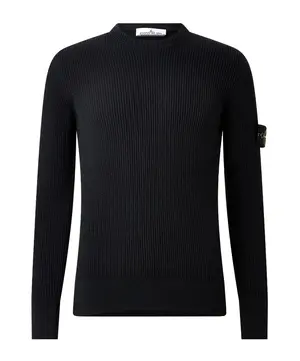 Stone Island Ribbed Crew Neck Knit Sweater With Fitted Long Sleeves - Black