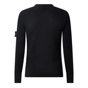 Stone Island Ribbed Crew Neck Knit Sweater With Fitted Long Sleeves - Black