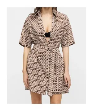 Max Mara Geometric Print Short Sleeve Collared Shirt Dress - Nude