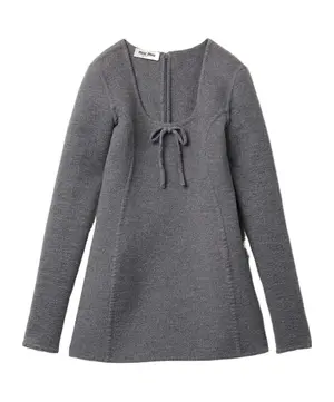 Miu Miu Double-layer Wool Dress With Bow Neckline - Grey