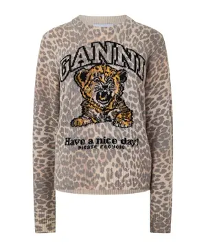 GANNI Leopard Print Tiger Graphic Crew Neck Sweater - Brown
