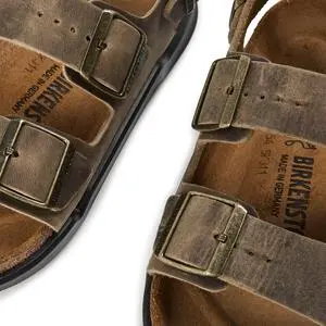 BIRKENSTOCK Distressed Leather Slide Sandals With Adjustable Buckles