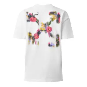 Off-White Crewneck Cotton Tee With Floral Embroidery And Print