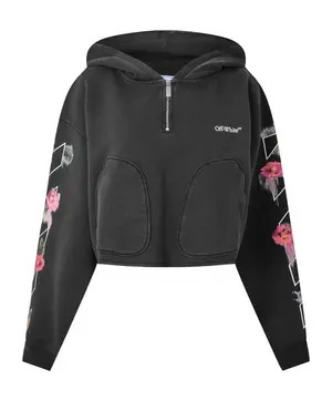 Off-White Cropped Half-zip Hoodie With Floral Geometric Sleeve Detail