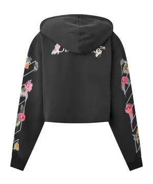 Off-White Cropped Half-zip Hoodie With Floral Geometric Sleeve Detail