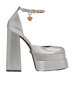 Versace Block Heel Mules With Ankle Strap - Gray