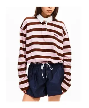 Prada Cropped Long-sleeve Rugby Polo Shirt With Stripes