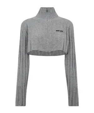 Miu Miu Cropped Ribbed Knit Cardigan With Mock Neck And Half-zip