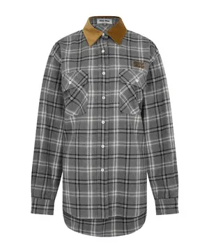 Miu Miu Plaid Long Sleeve Shirt With Corduroy Collar
