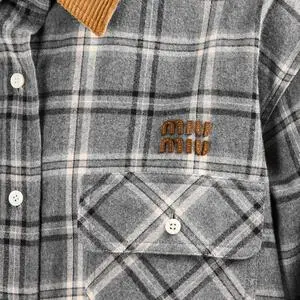 Miu Miu Plaid Long Sleeve Shirt With Corduroy Collar