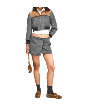 Miu Miu Two-tone Cropped Zip-up Jacket With Striped Trim