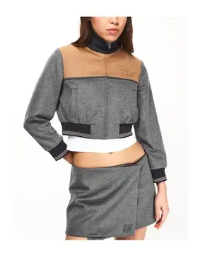 Miu Miu Two-tone Cropped Zip-up Jacket With Striped Trim