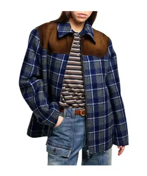 Miu Miu Wool-blend Zip-up Shirt Jacket With Suede Yoke